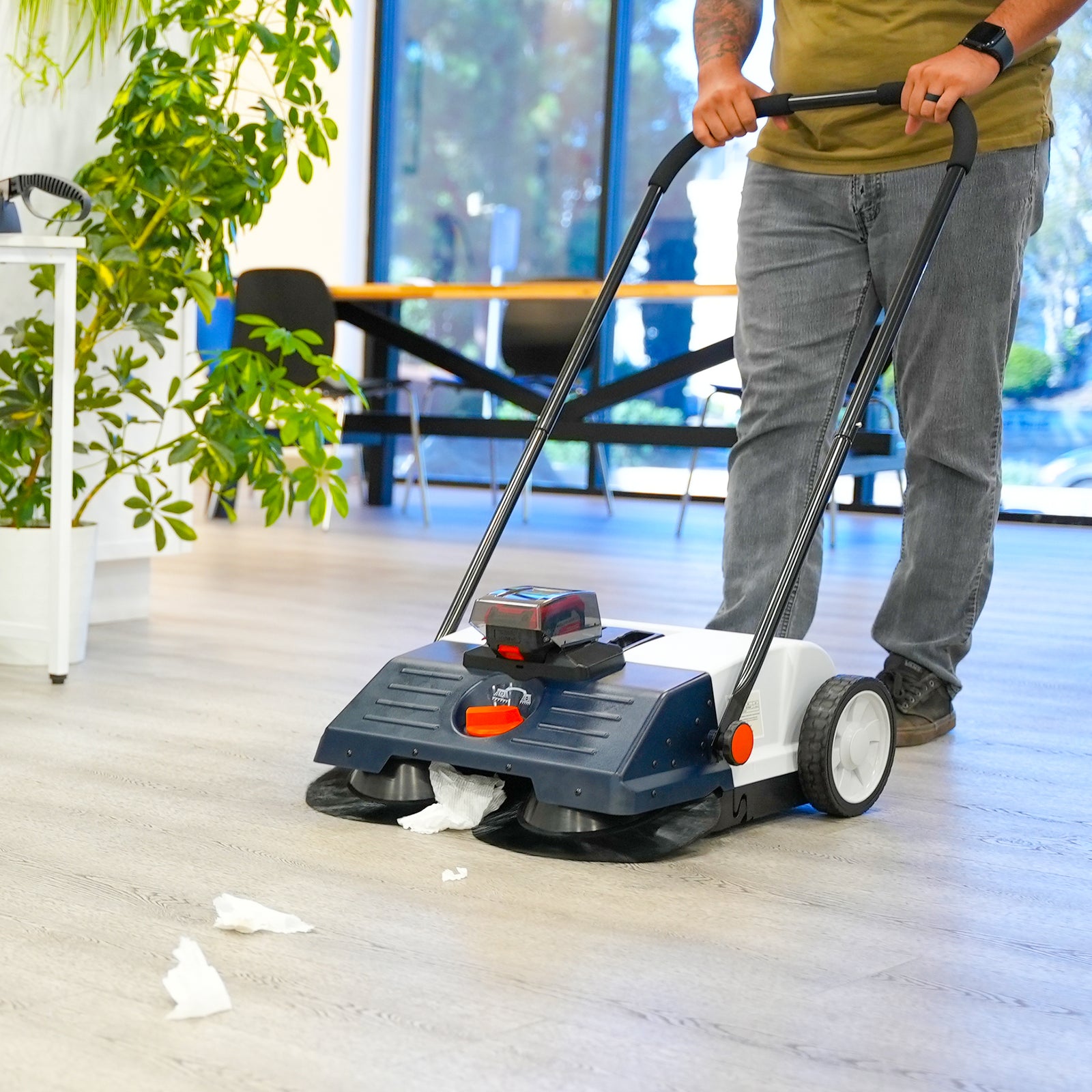 22" Battery Powered Push Sweeper With Double Brush System 18V Lithium ...