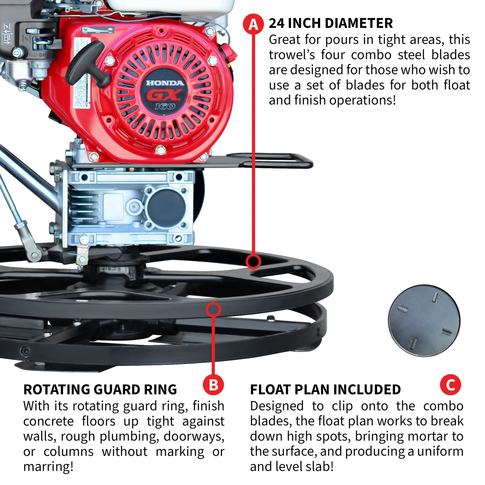 24" Concrete Power Trowel Edger 5.5HP Honda Float Pan Blade Screed Fin ...