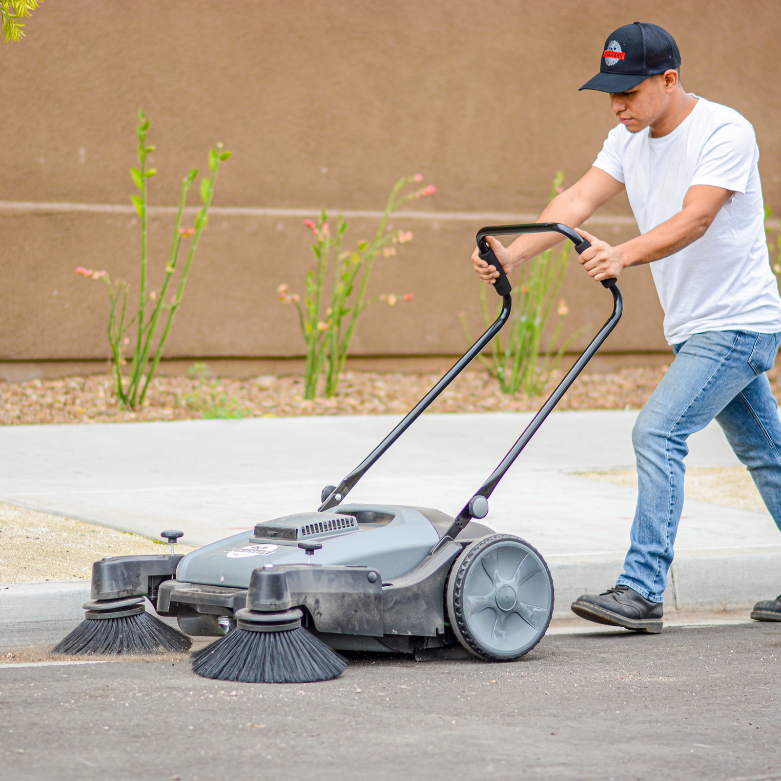 Commercial 38" Push Sweeper with Triple Power Brooms – Tomahawk Power